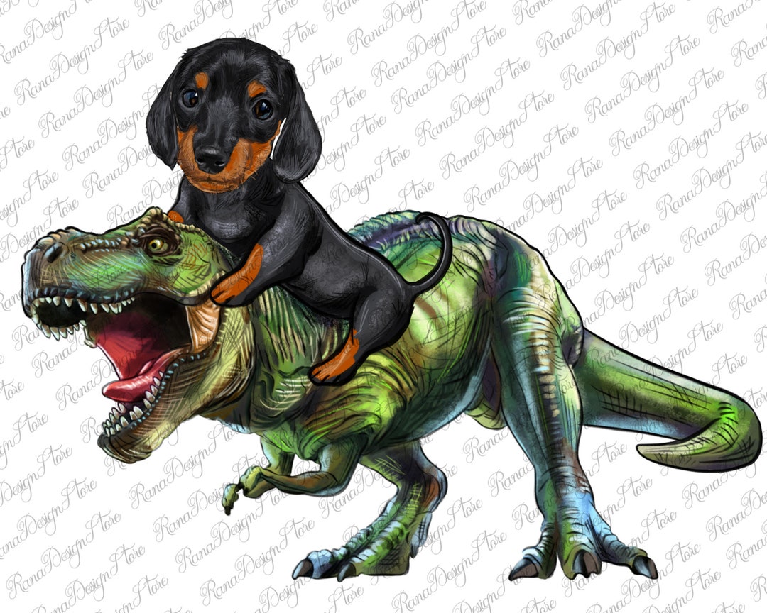 Dachshund Puppy Riding T-rex Dinosaur Sublimation Design, Dachshund ...