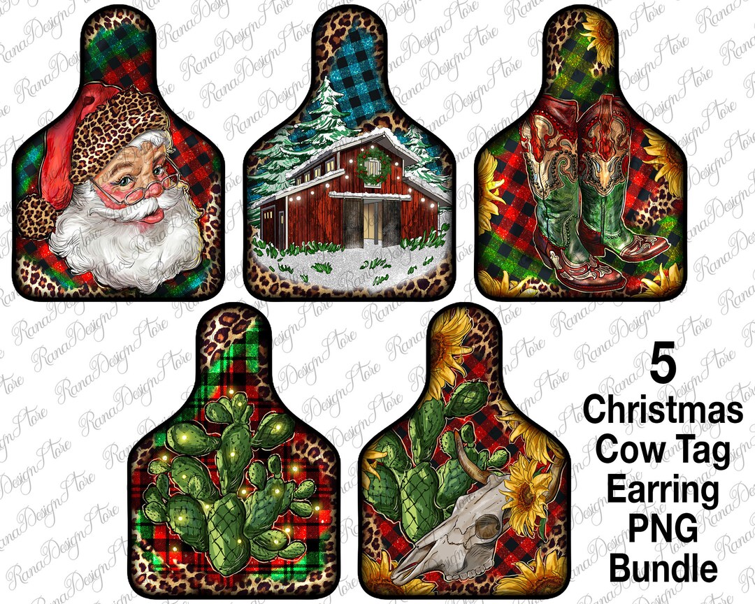 Western Christmas Cow Tags Earrings PNG Sublimation Design, Christmas ...