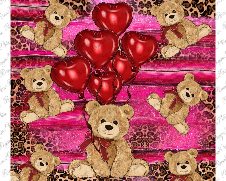 Leopard Teddy Bear With Ballons Valentines Day 20 Oz. Skinny Tumbler ...