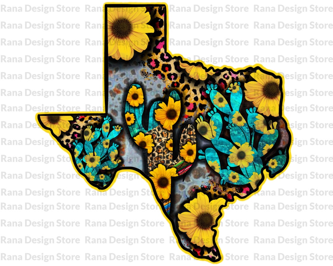 Sunflower and Cactus Texas Map Design,texas Map,sunflower Texas ...