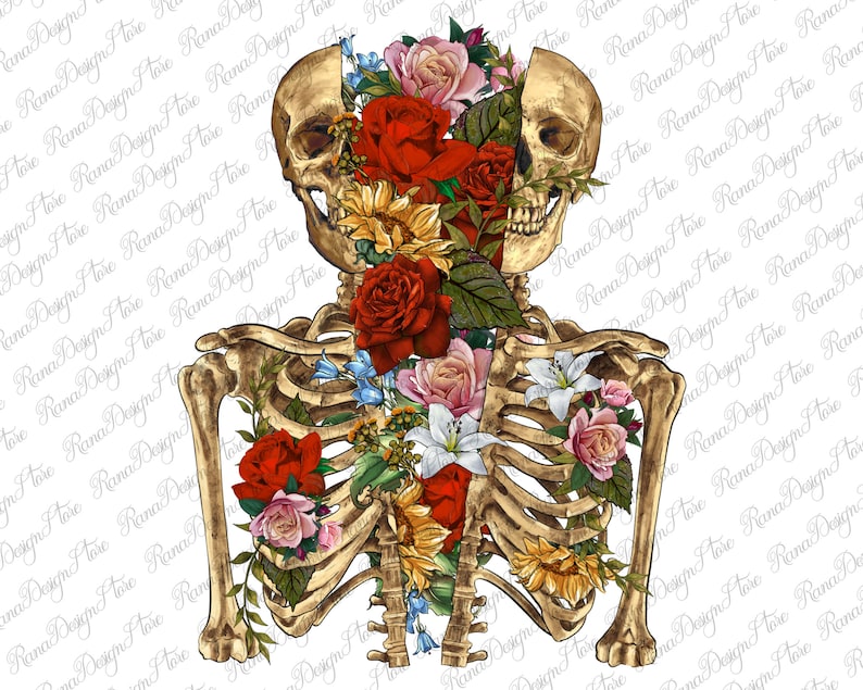 Flower Skeleton Png Sublimation Design, Hand Drawn Skeleton Png, Flower ...