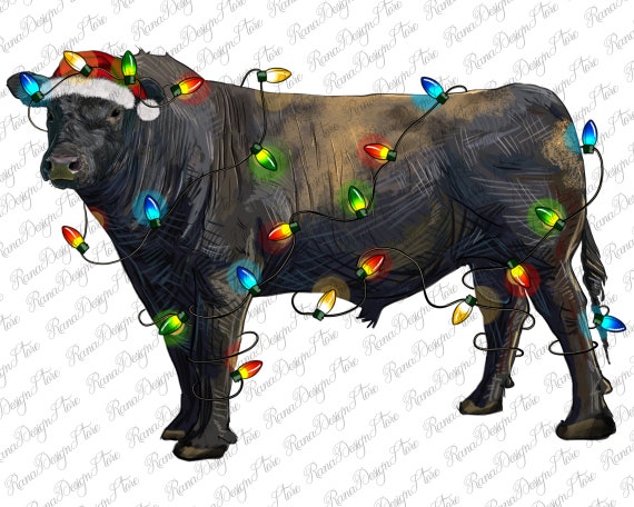 Black Angus Bull With Christmas Lights and Santa Hat Png - Etsy