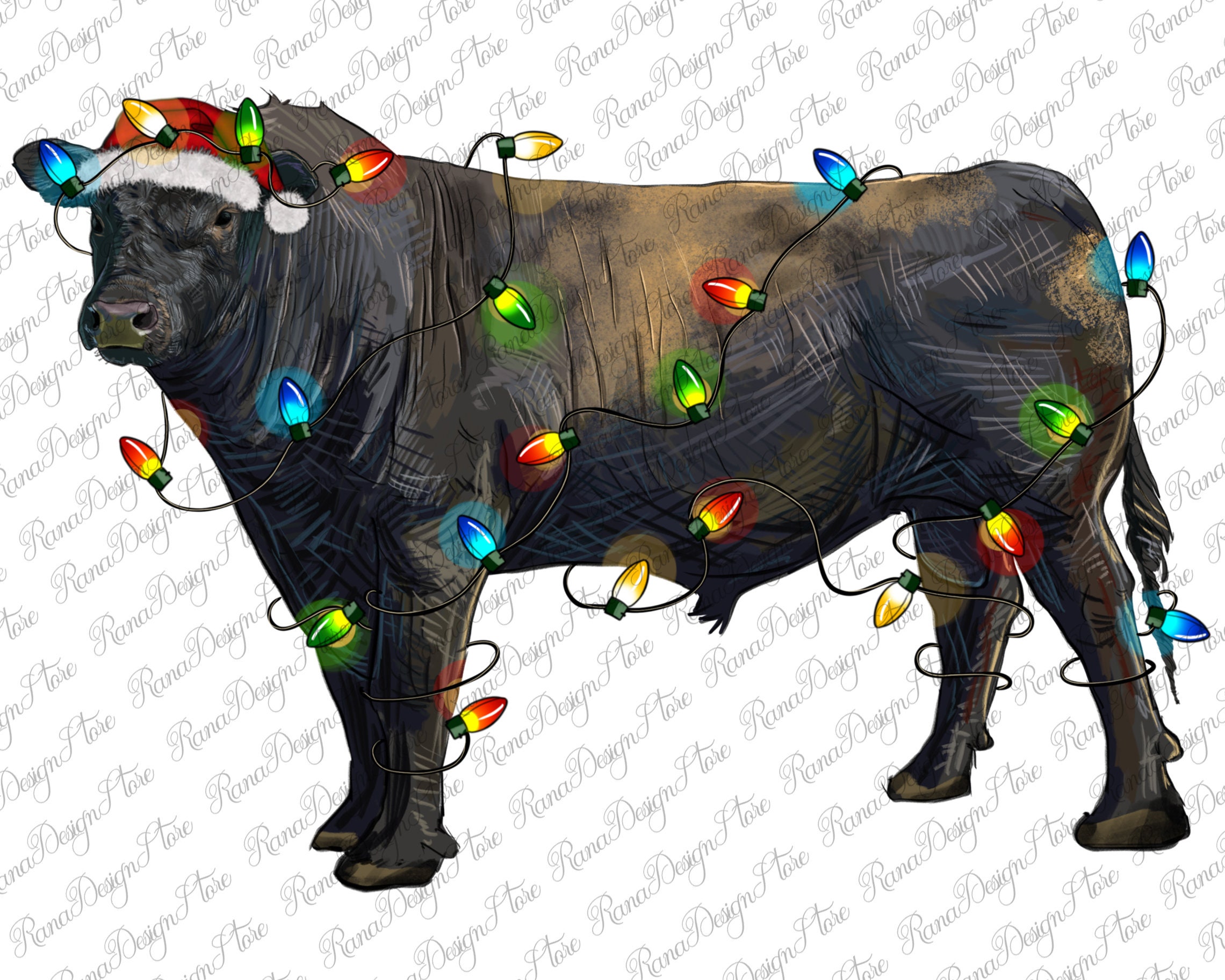 Black Angus Bull With Christmas Lights and Santa Hat Png - Etsy