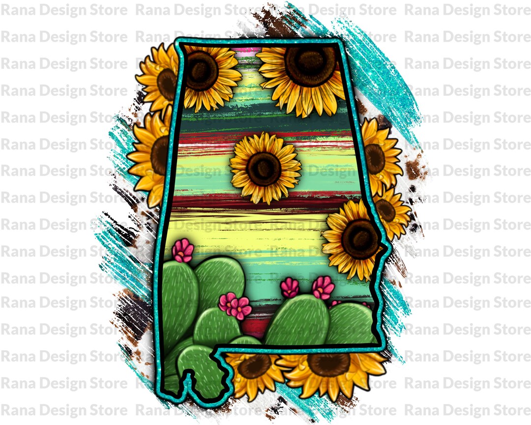 Alabama Map Png, Sunflower and Cactus Alabama Map Design, Alabama Map ...
