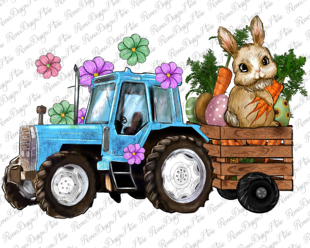 Happy Easter Tractor With Bunny Flowers and Carrot Png,hand Drawing ...