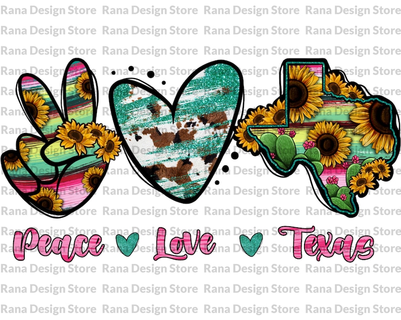 Peace Love Texas PNG, Sunflower Cactus Texas Map, Serape Texas Map ...