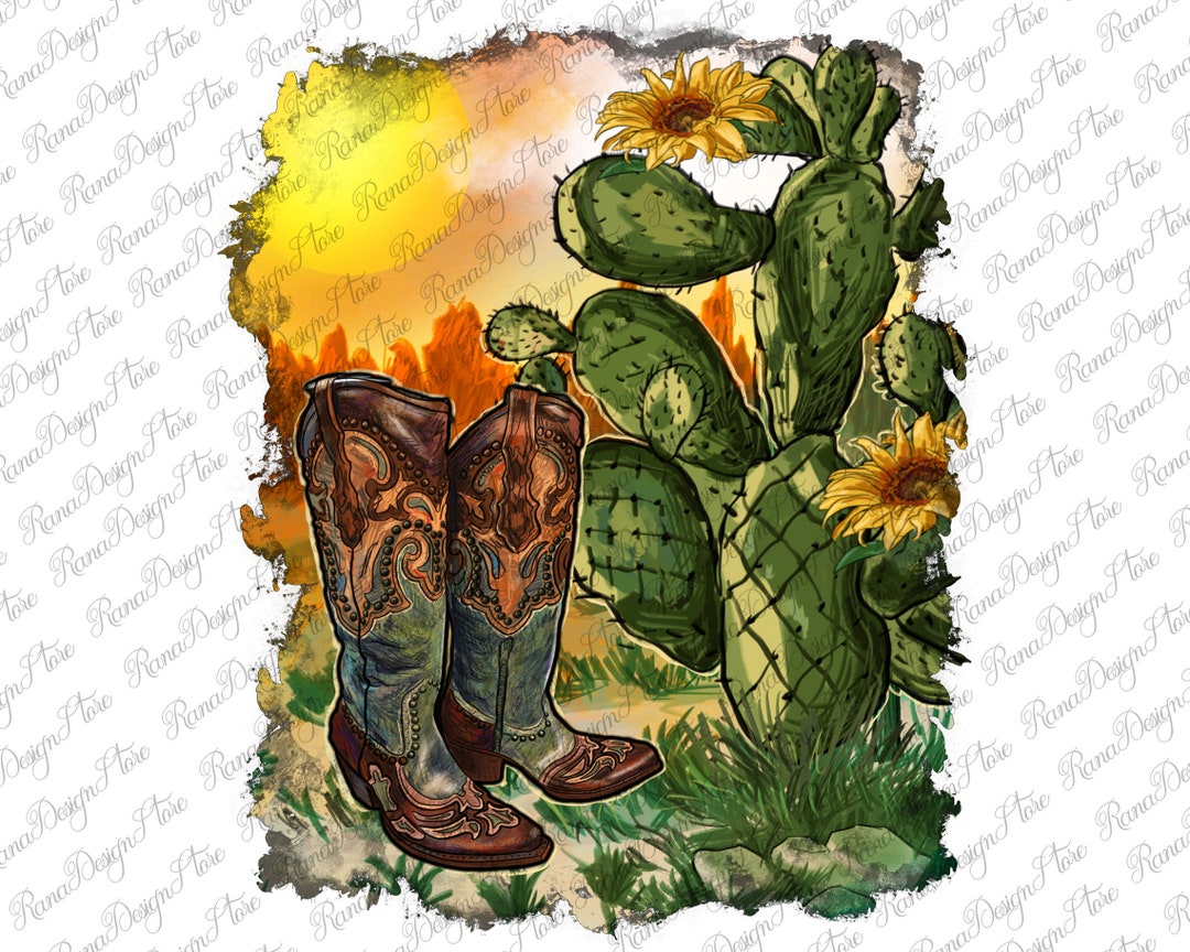 Western Boots With Cactus and Desert Png Distressed Background , Westen ...