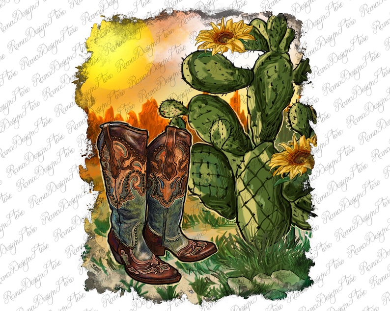 Western Boots With Cactus and Desert Png Distressed Background , Westen ...