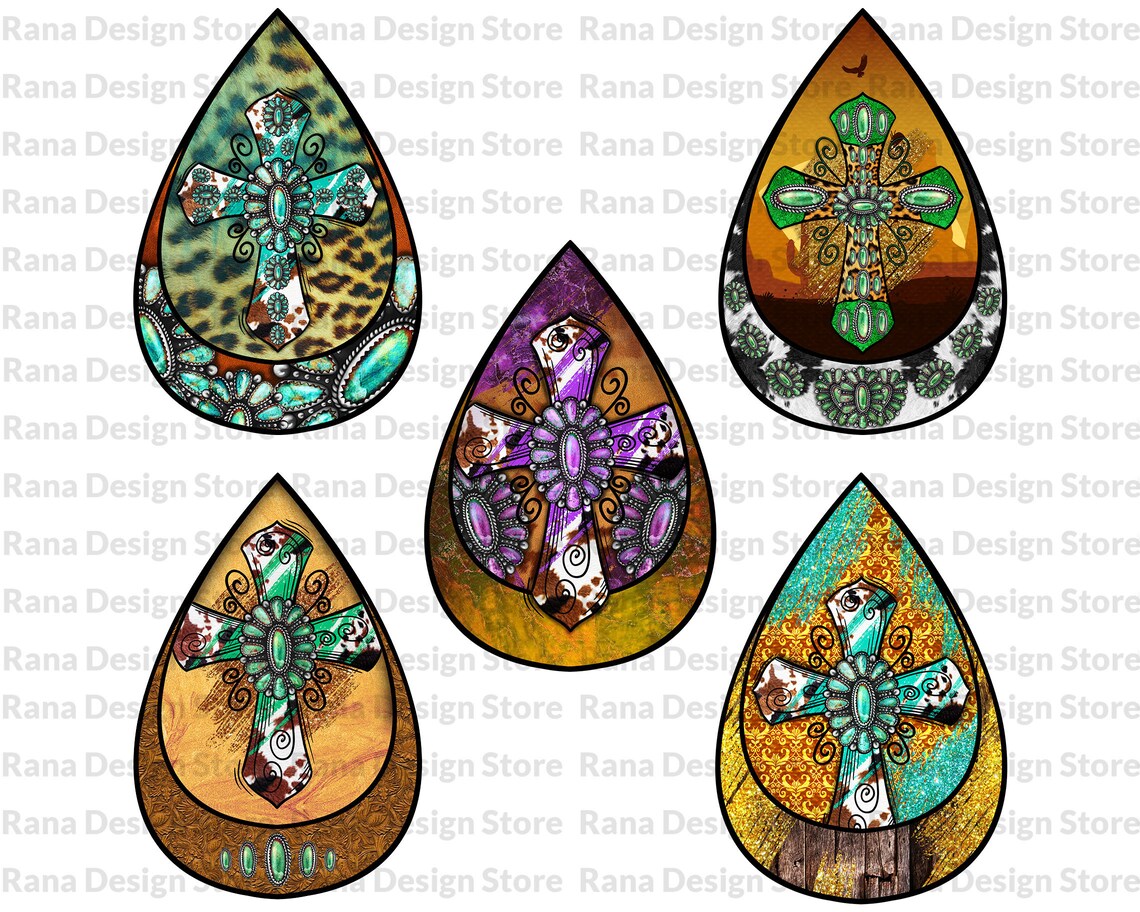 Western Teardrop Cross Earring Design Bundle, Cowhide, Turquoise ...