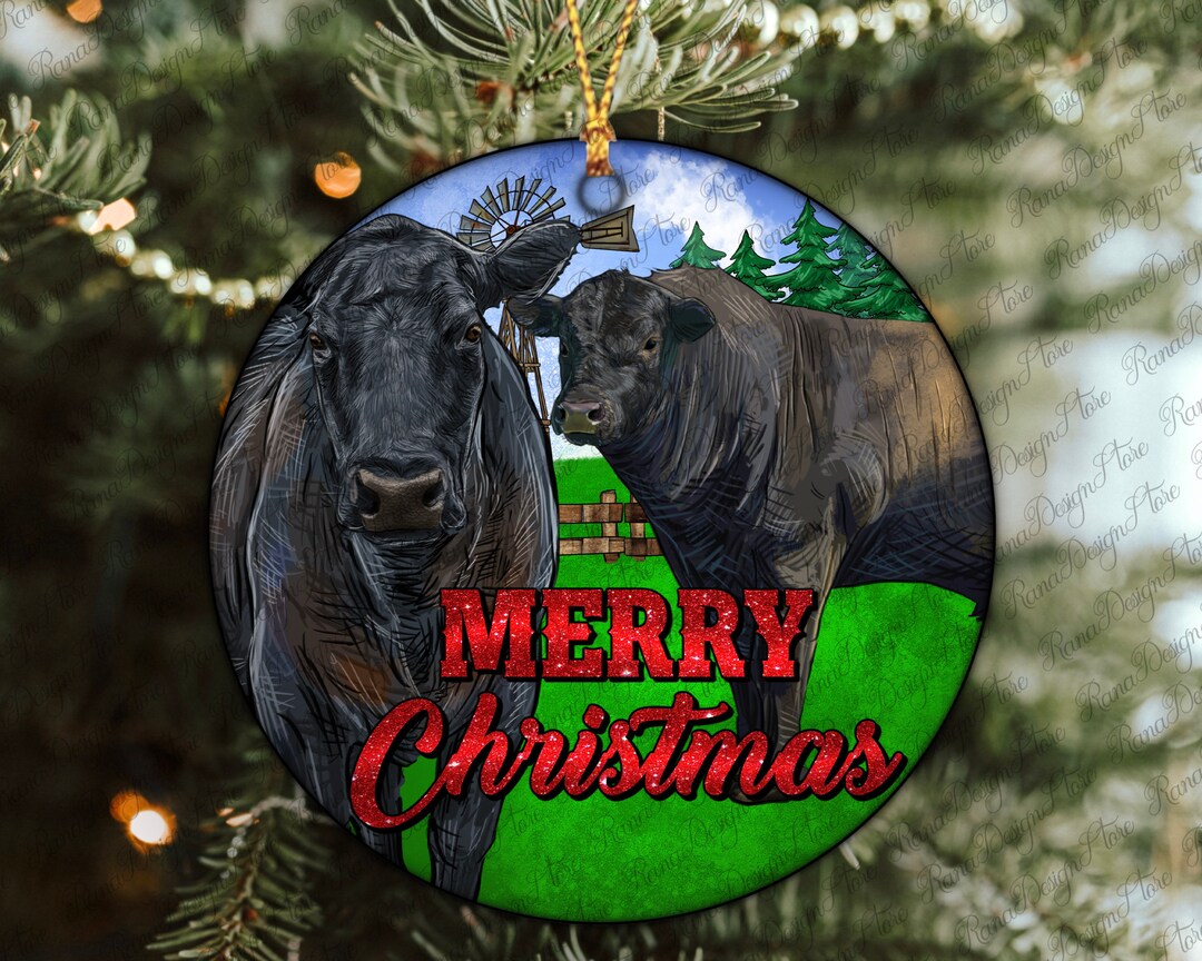 Black Angus Cattle and Bull Merry Christmas Round Ornaments Png ...