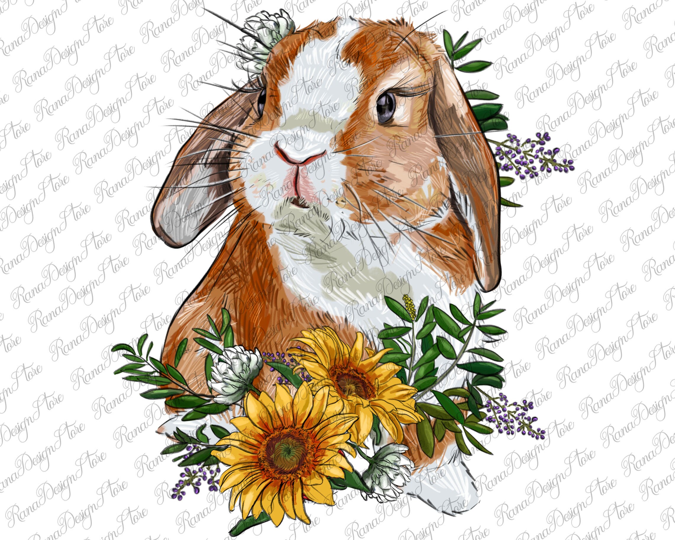 Bunny With Sunflowers Png Sublimation Design, Cute Bunny Png, Hand ...