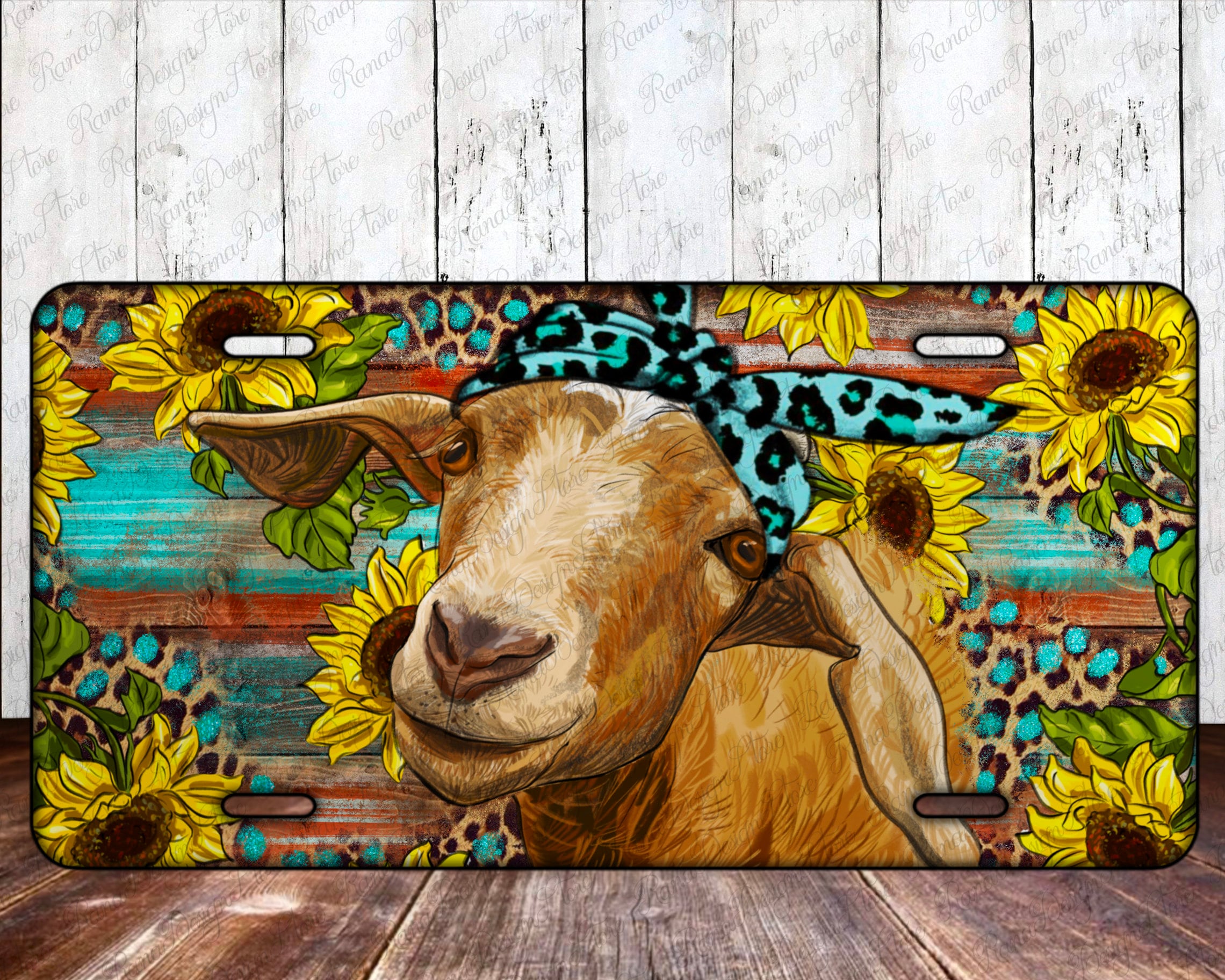 Goat With Sunflowers and Leopard Licence Plate Sublimation - Etsy