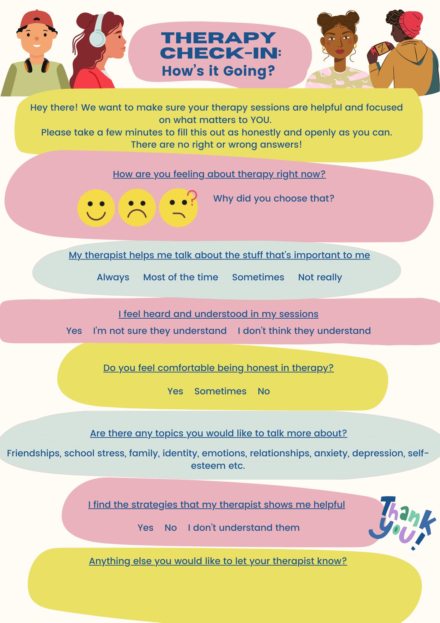 Adolescent Therapy Check-in Sheet: Client Feedback Form (printable PDF ...