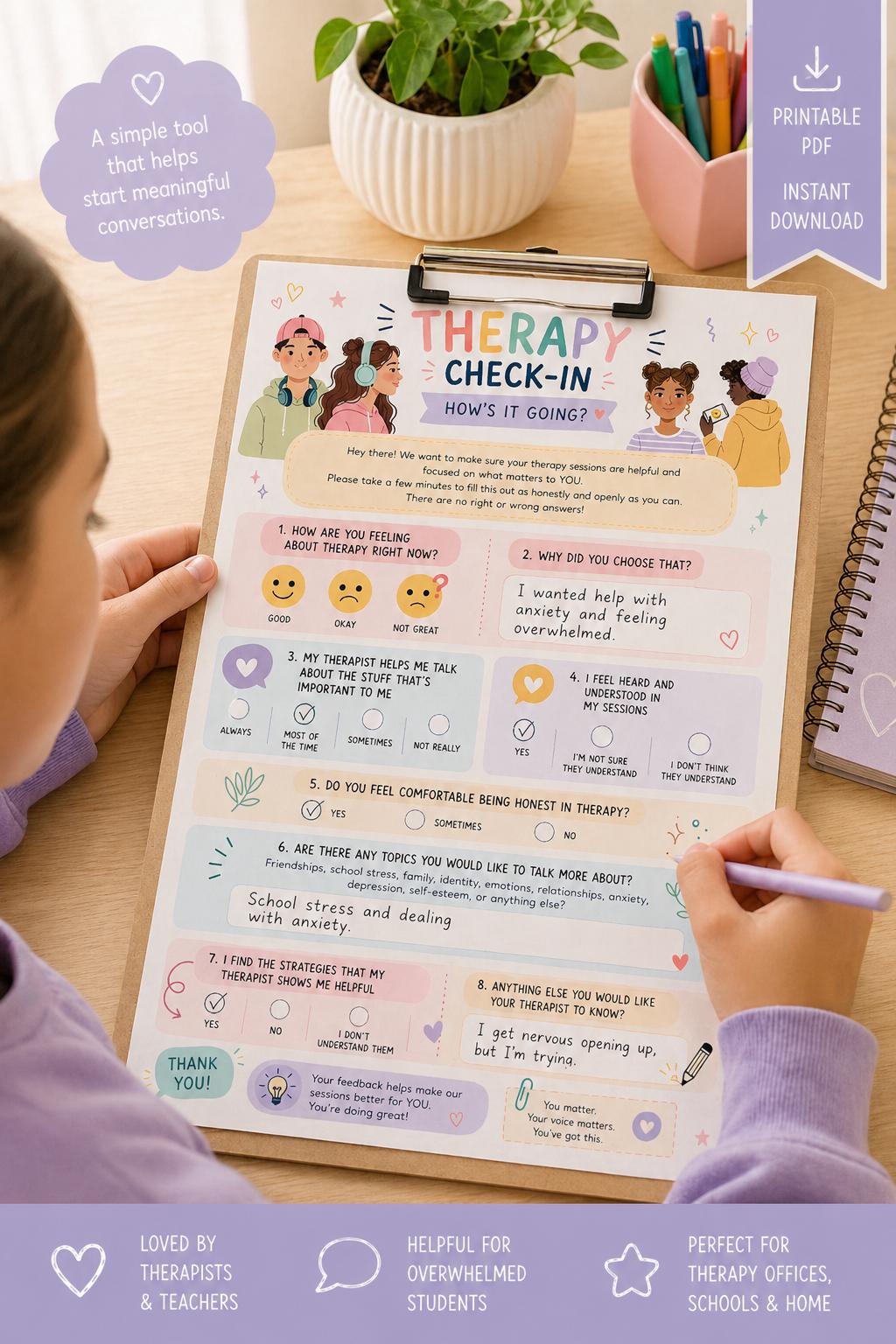 Teen Therapy Check-in Printable Pdf | Counseling Feedback Form (PDF ...