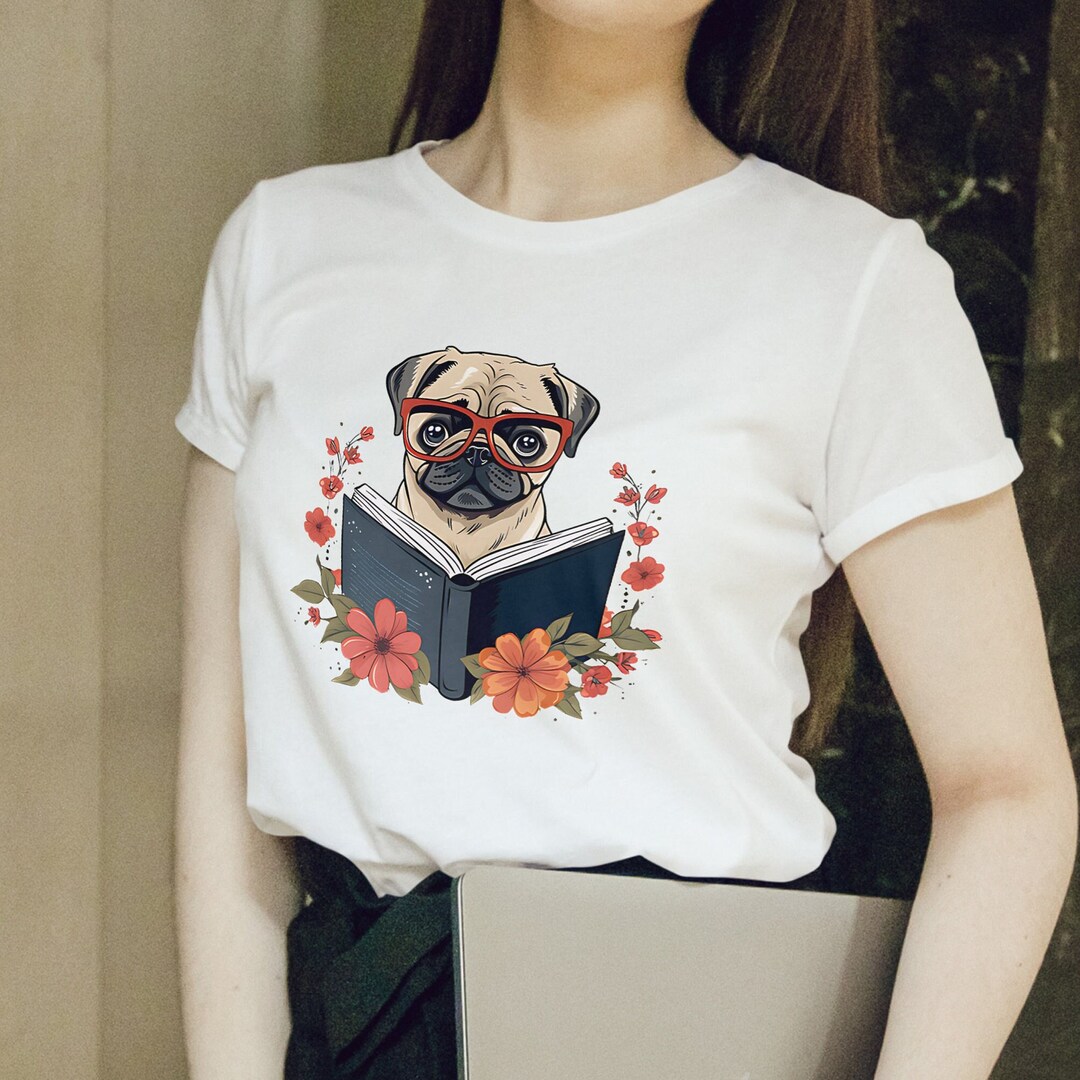 Cute Pug Reading Book Floral Boho Minimalist Shirt, Reading Books Gift ...