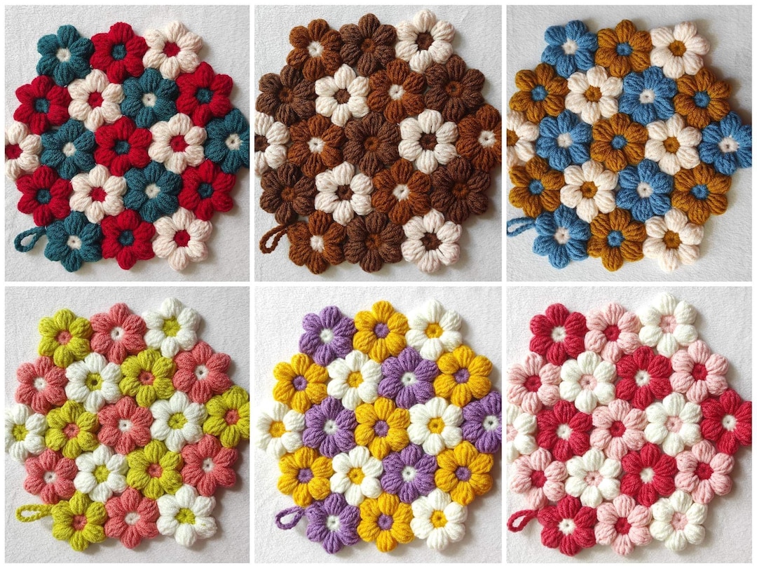 Puff Flowers Crochet Trivets Custom Color, Floral Pot Mats, Pot Holder ...