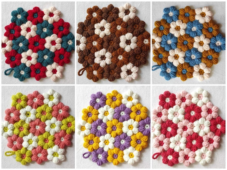Puff Flowers Crochet Trivets Custom Color Floral Pot Mats - Etsy