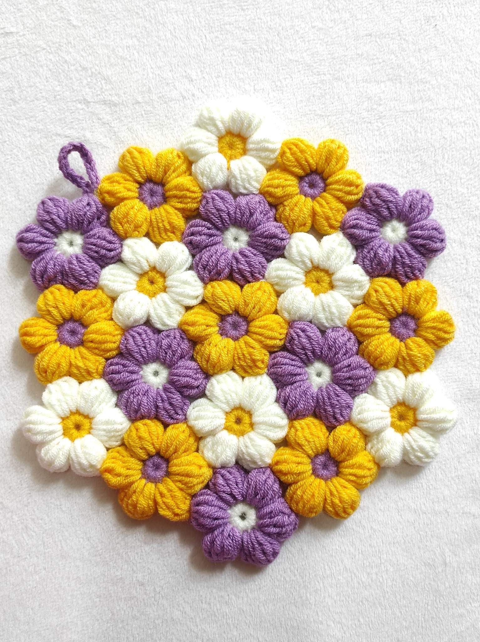 Puff Flowers Crochet Trivets Custom Color, Floral Pot Mats, Pot Holder Heat Resistant Durable ...