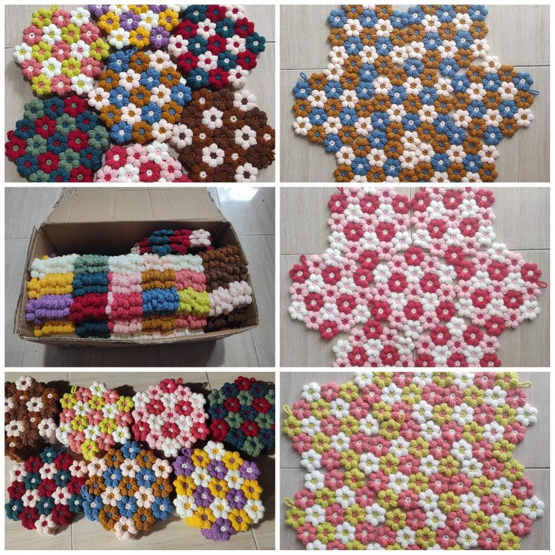 Puff Flowers Crochet Trivets Custom Color, Floral Pot Mats, Pot Holder ...