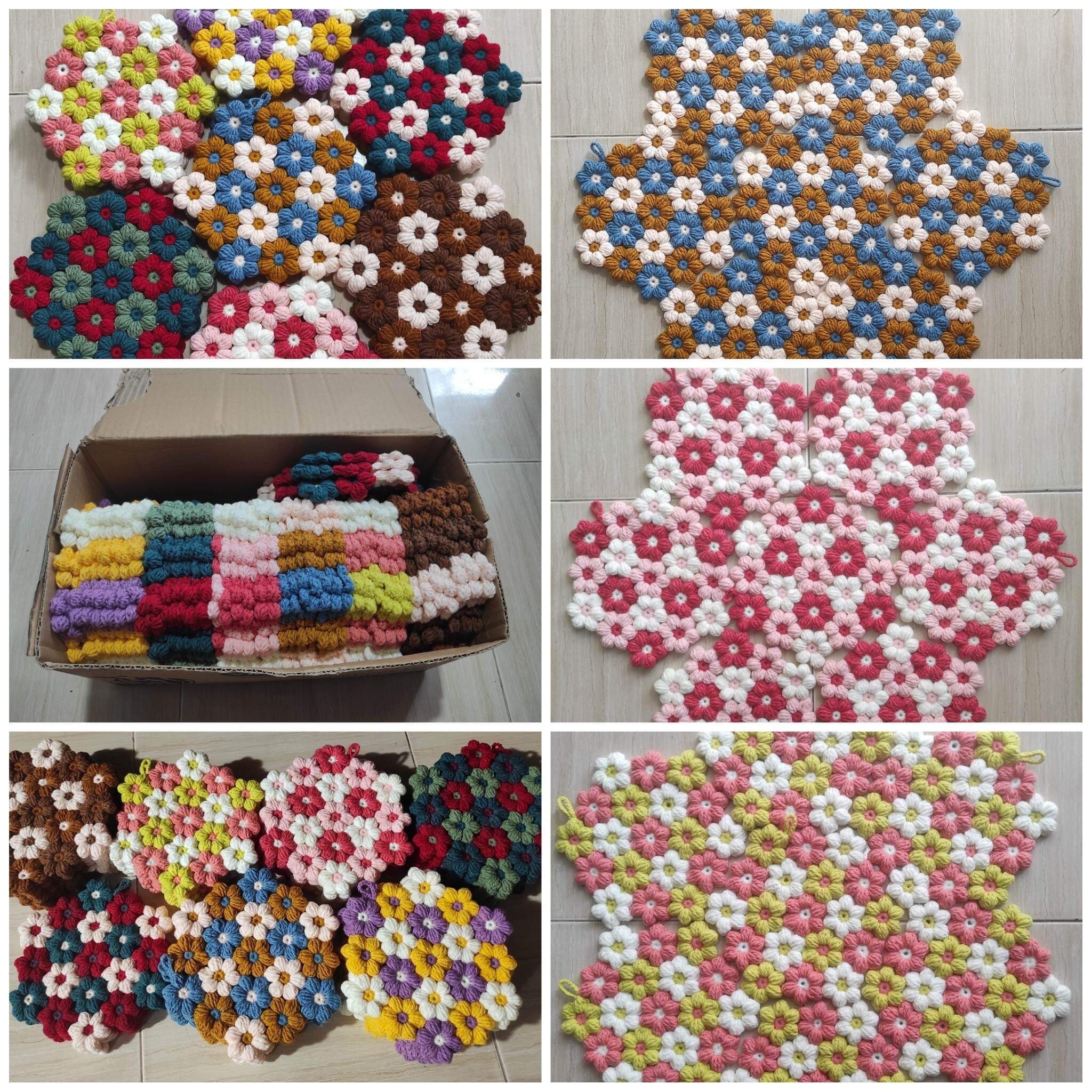 Puff Flowers Crochet Trivets Custom Color, Floral Pot Mats, Pot Holder Heat Resistant Durable ...
