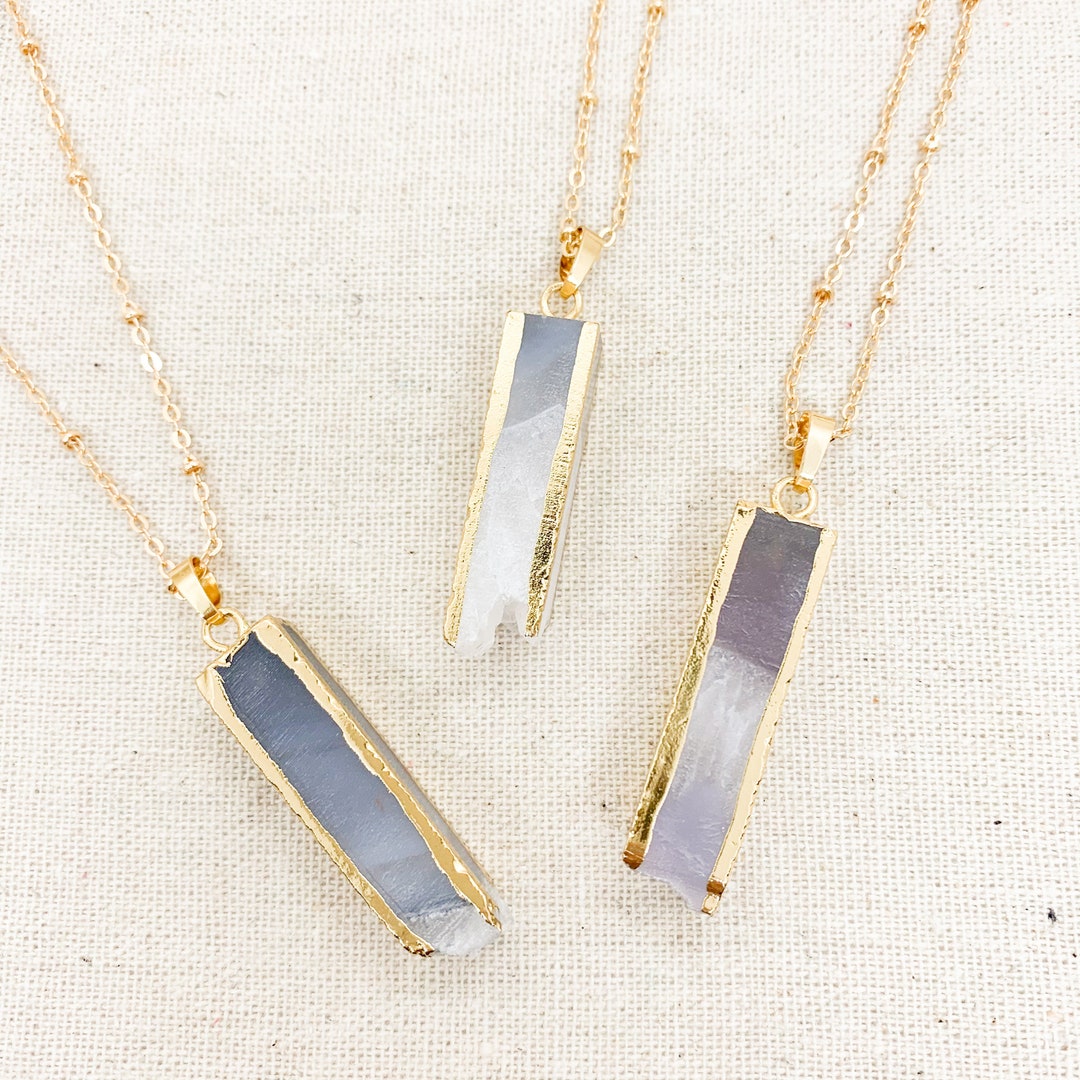 Natural Agate Cuboid Stone Necklace 18K Real Gold Plated | Genuine ...