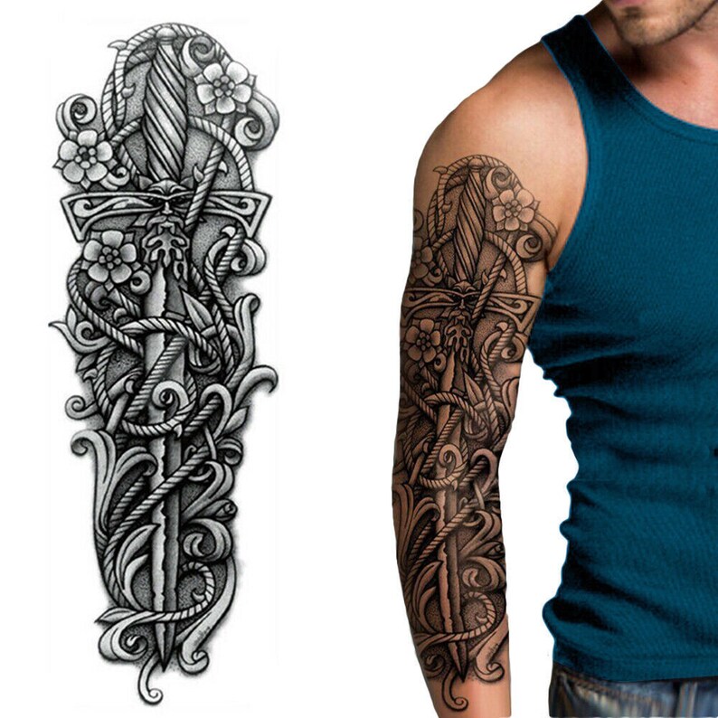 Full Sleeve Tribal Temporary Tattoos Arm Tattoo Sword Warrior - Etsy