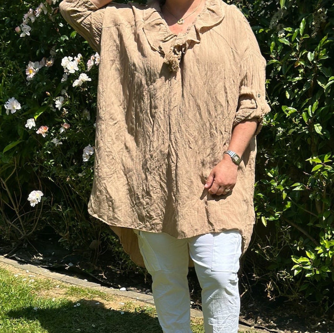 Plus Size Made in Italy Italian Shimmer Frill Neck Dip Hem Tunic, Top ...