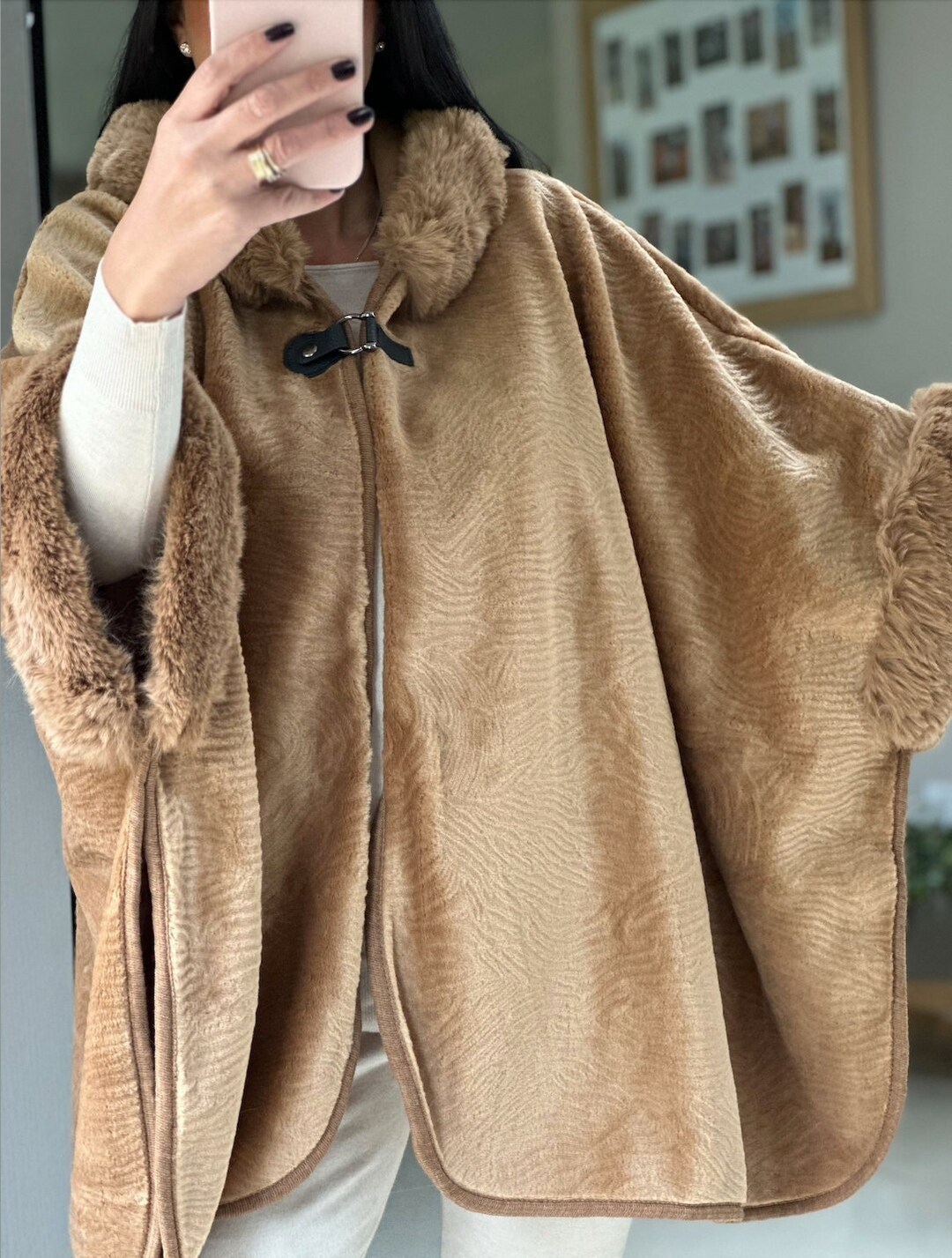 Luxury Made in Italy Tan Faux Fur Trim Hooded Cape, Shawl - Etsy
