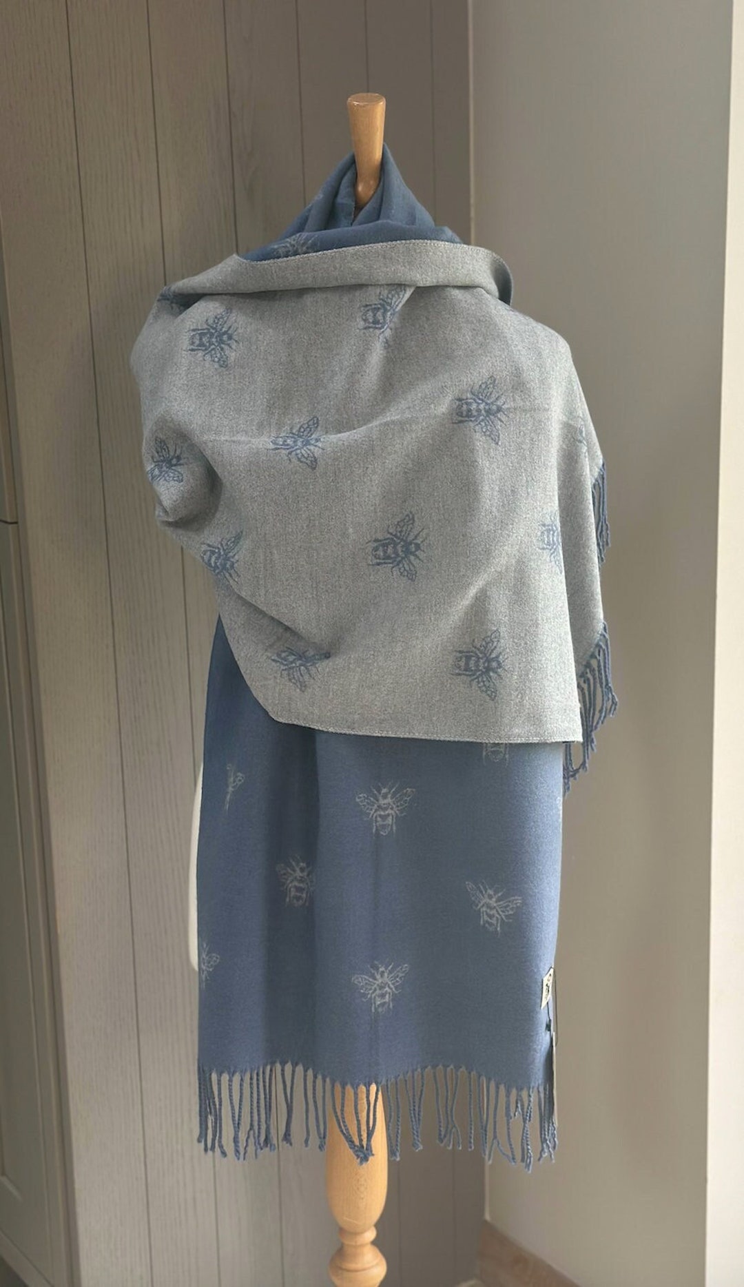 Blue and Grey Bumble Bee Print Scarf Feels Like Cashmere Scarf Star ...