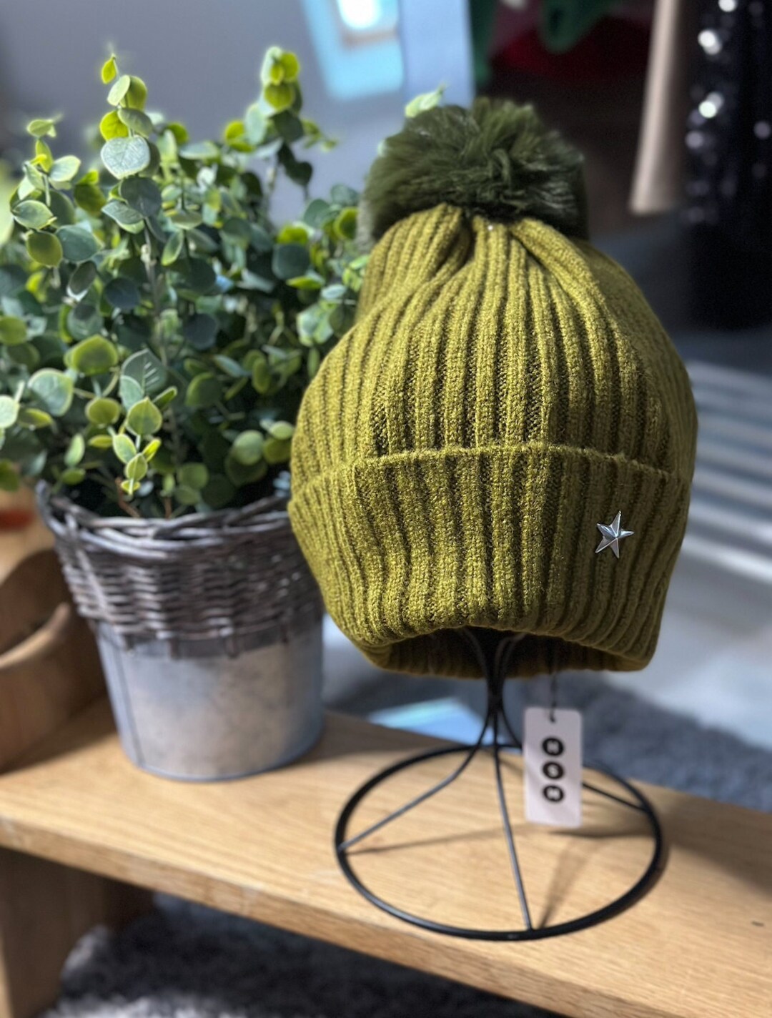 Khaki Star Detail Pom Pom Hat, Woollen Hat, Wool Hat, Bobble Hat Made ...