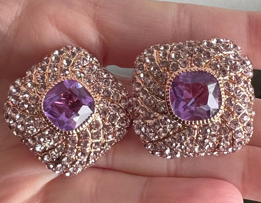 Vintage Joan Boyce JB Rose Gold Purple and Rhinestone Large Earrings - Etsy