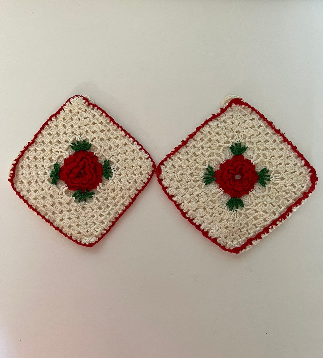 2 Vintage Handmade Crochet Red Rose Pot Holder Unused. Housewarming ...