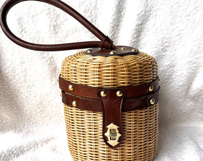 Vintage 1950 1960s Oval Round Wicker Handbag Purse Leather Handle and ...