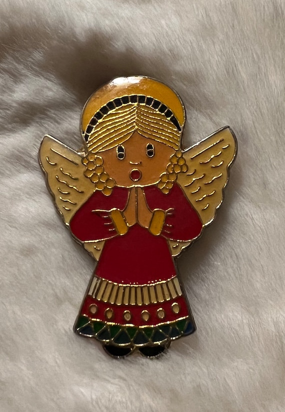 Vintage Enamel Praying Angel with wings Lapel Pin - Gem