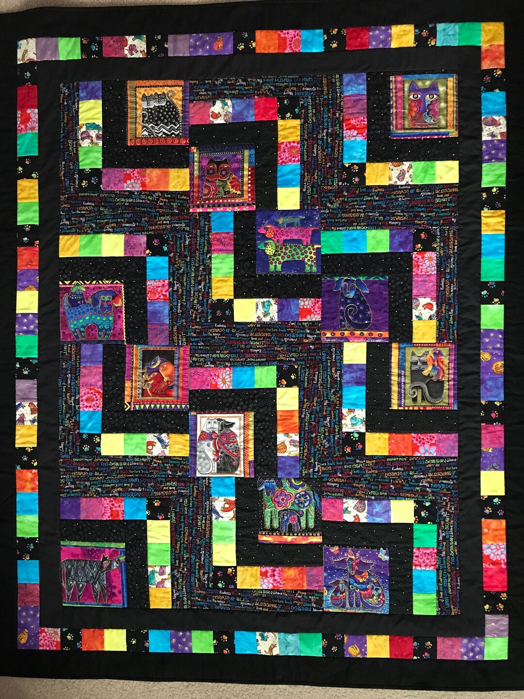 Laurel Burch Dog and Cat Lap Quilt in Primary Colors and Black With ...