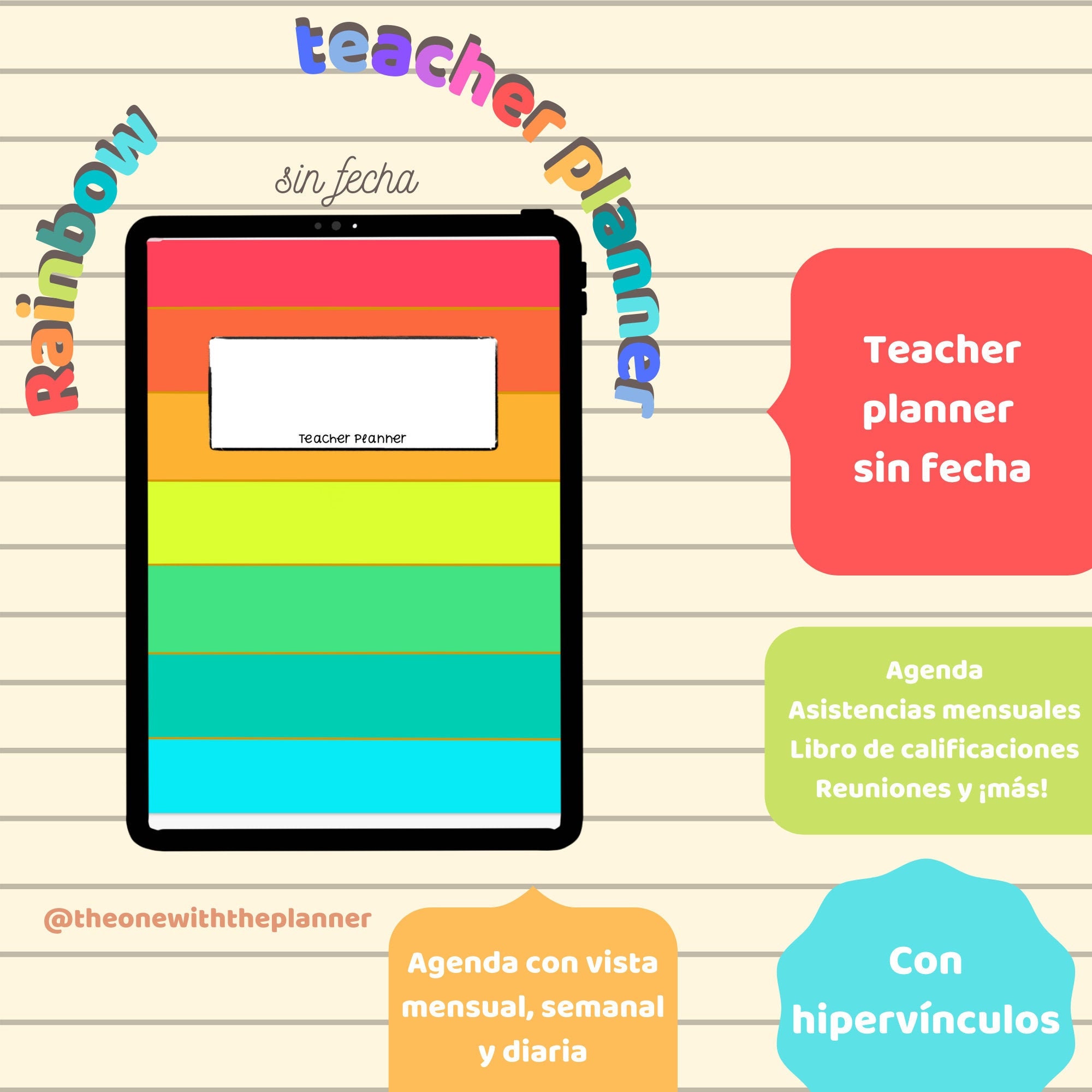 Paper Rainbow teacher planner digital planner cuaderno del profesor ...