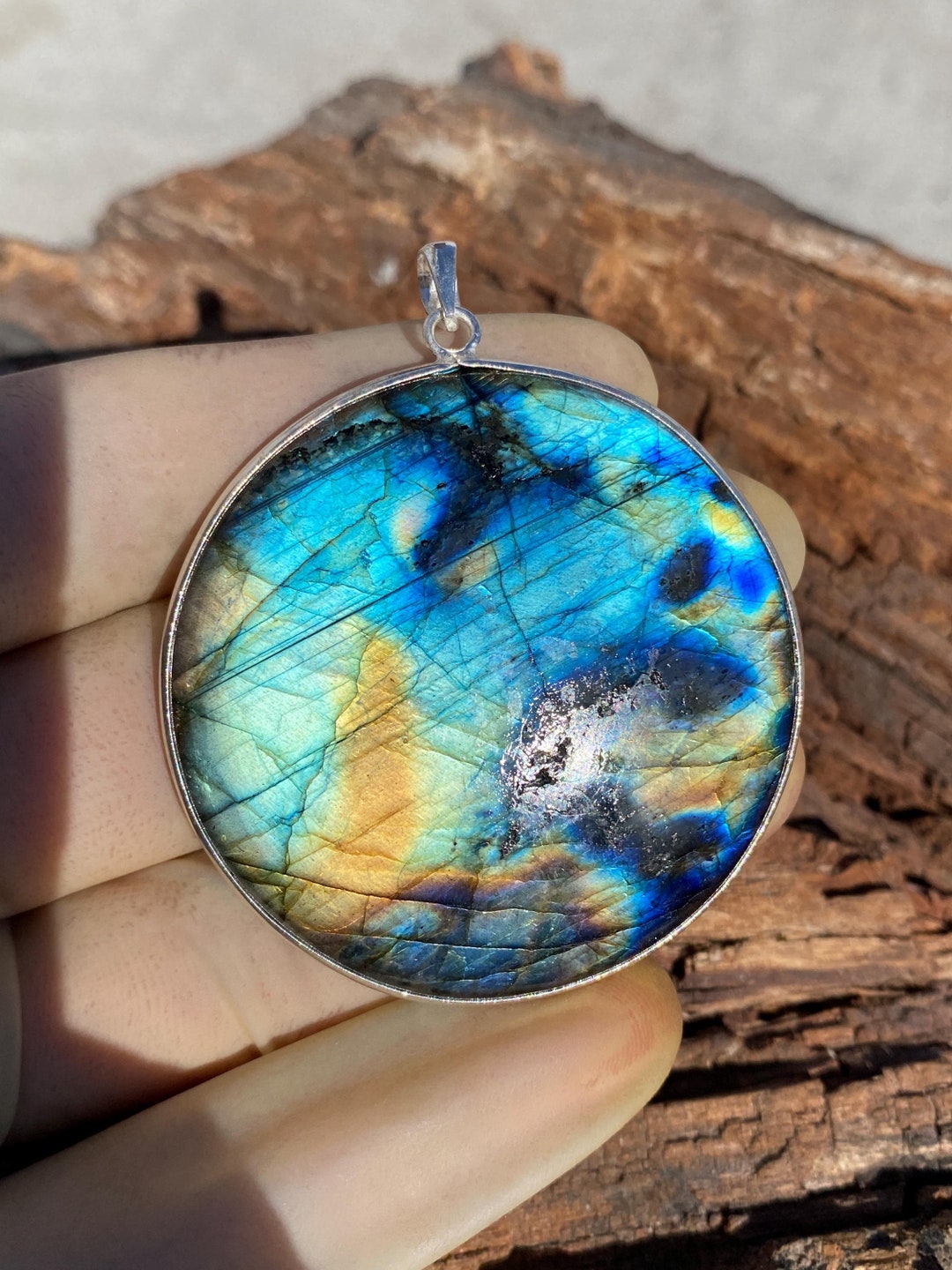 Genuine Labradorite Gemstone Pendant Necklace, 925 Sterling Silver ...