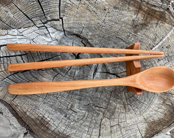 Cherry Wood Chopstick and Spoon Set | Handmade Wood Chopsticks ...