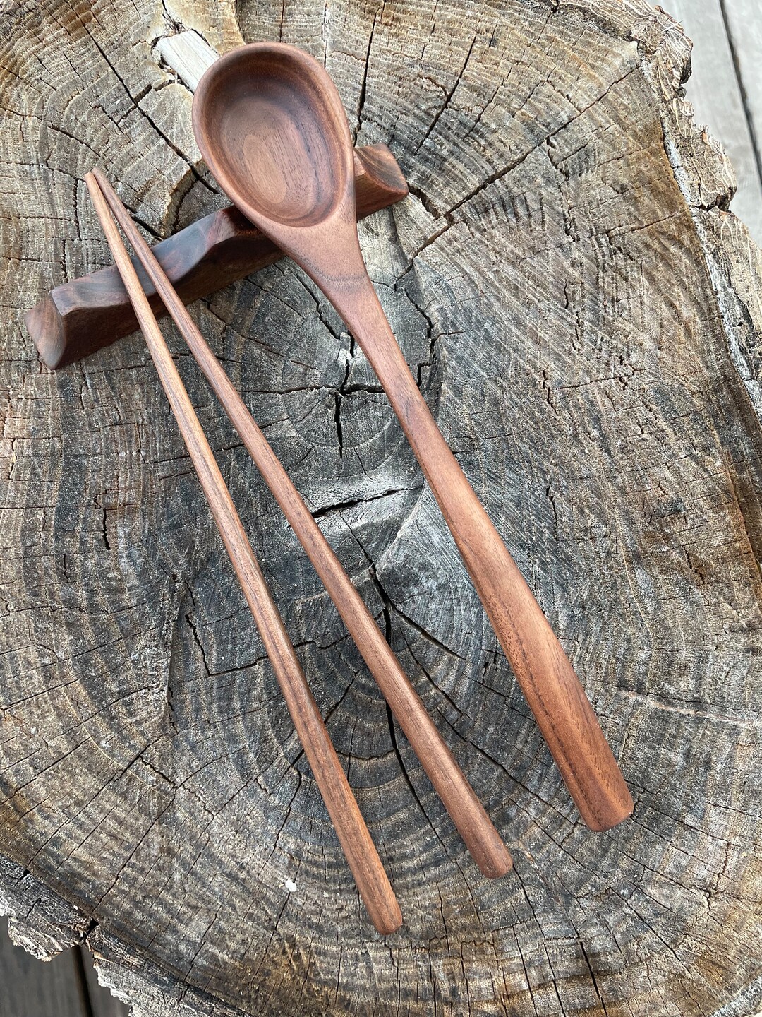 Walnut Wood Chopstick and Spoon Set Handmade Wood Chopsticks Chopsticks ...