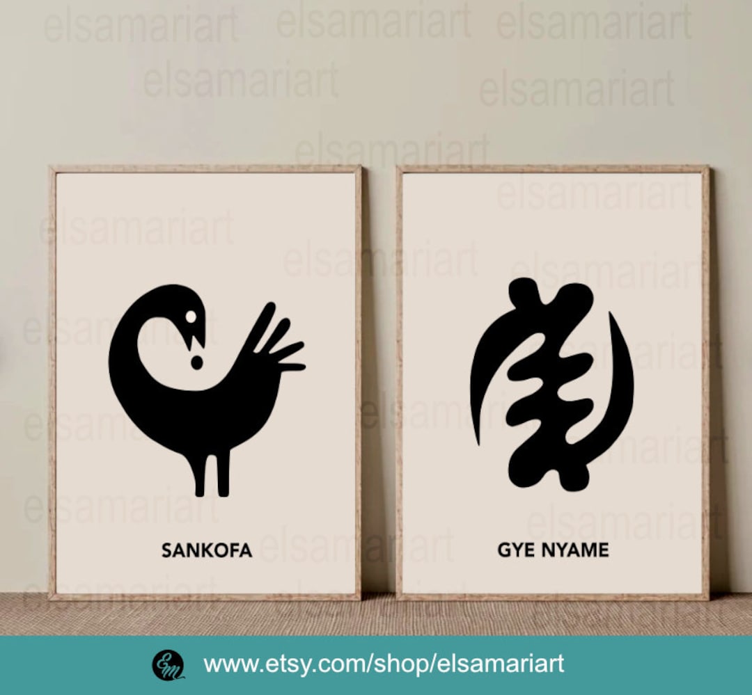 Adinkra Symbols Set of 2 Art Prints Gye Nyame Sankofa Bird African Wall ...