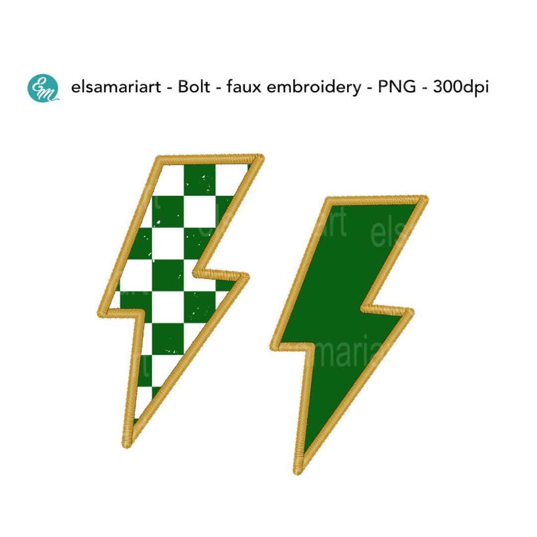 Green Lightning Bolt PNG Checkered Faux Embroidery Clipart Sublimation ...