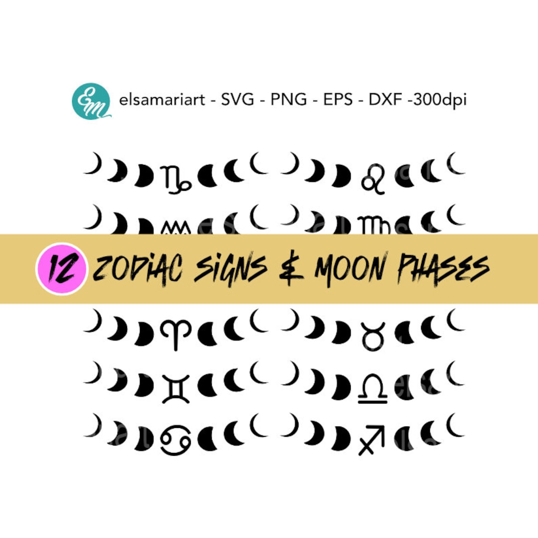12 Zodiac Signs Moon Phases Bundle SVG PNG DXF Cut Files Astrology ...