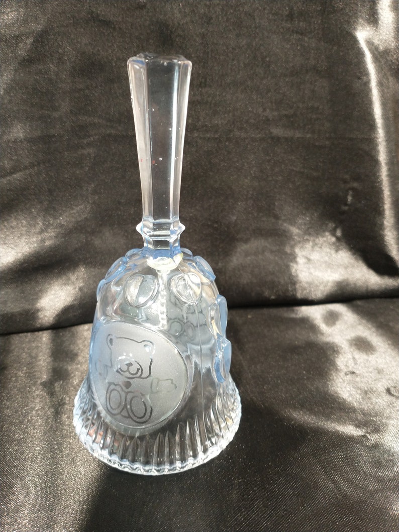 Vtg. Light Blue Glass Bell, Acid-etched Teddy Bears and Embossed Hearts ...