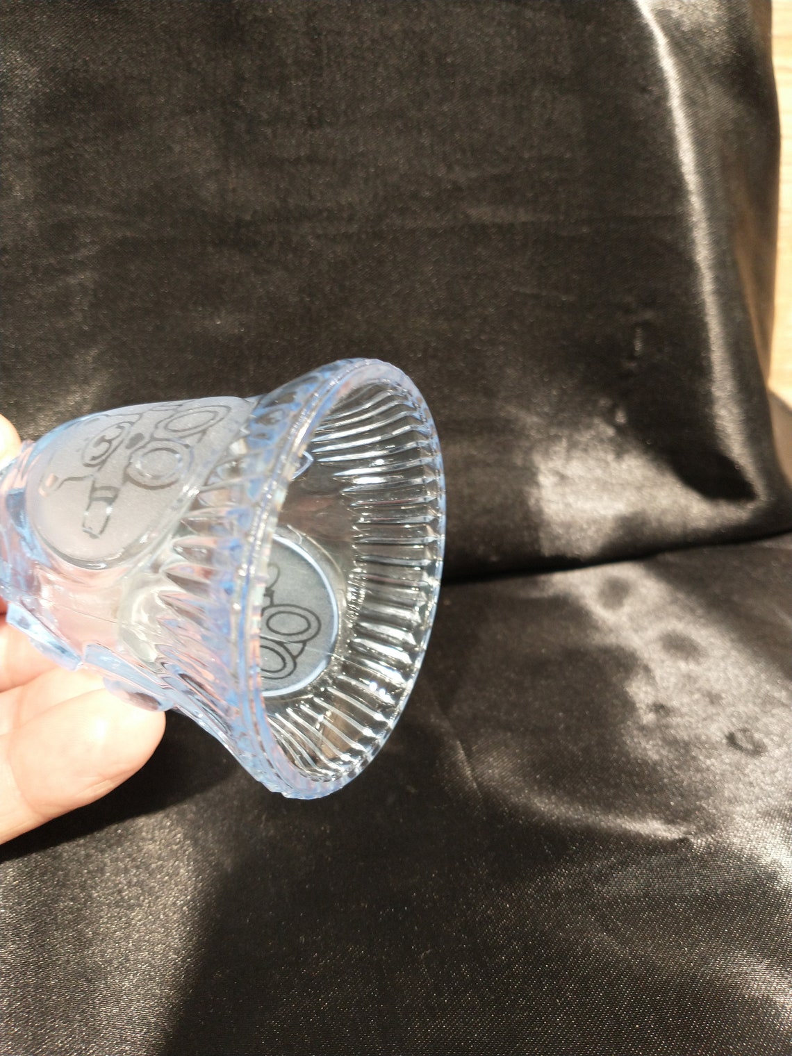 Vtg. Light Blue Glass Bell Acid-Etched Teddy Bears and | Etsy