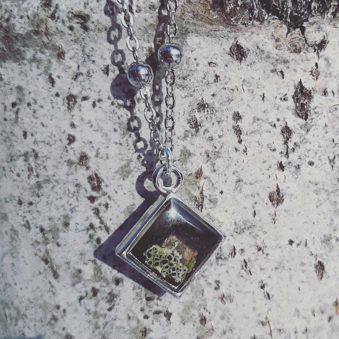Silver ball chain square pendant with lichen and wood - Etsy España