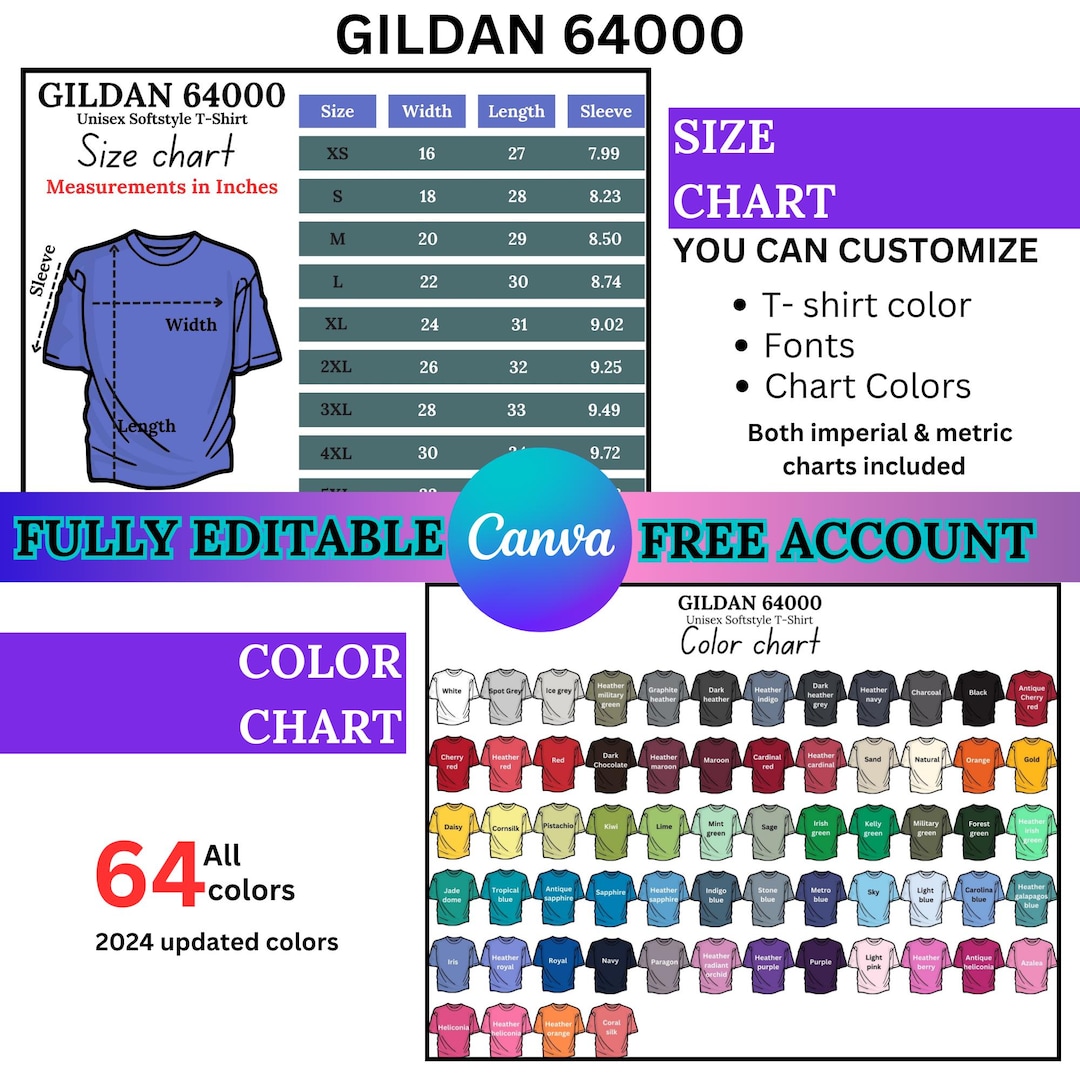 Gildan 64000 Color Chart and Size Chart, Fully Editable Canva Template ...