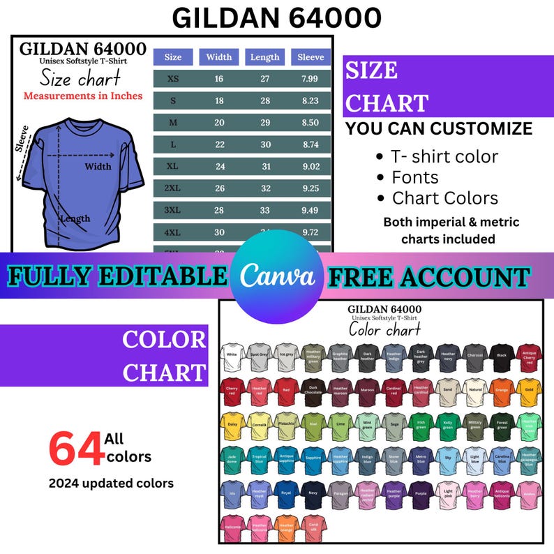 Gildan 64000 Color Chart and Size Chart, Fully Editable Canva Template ...