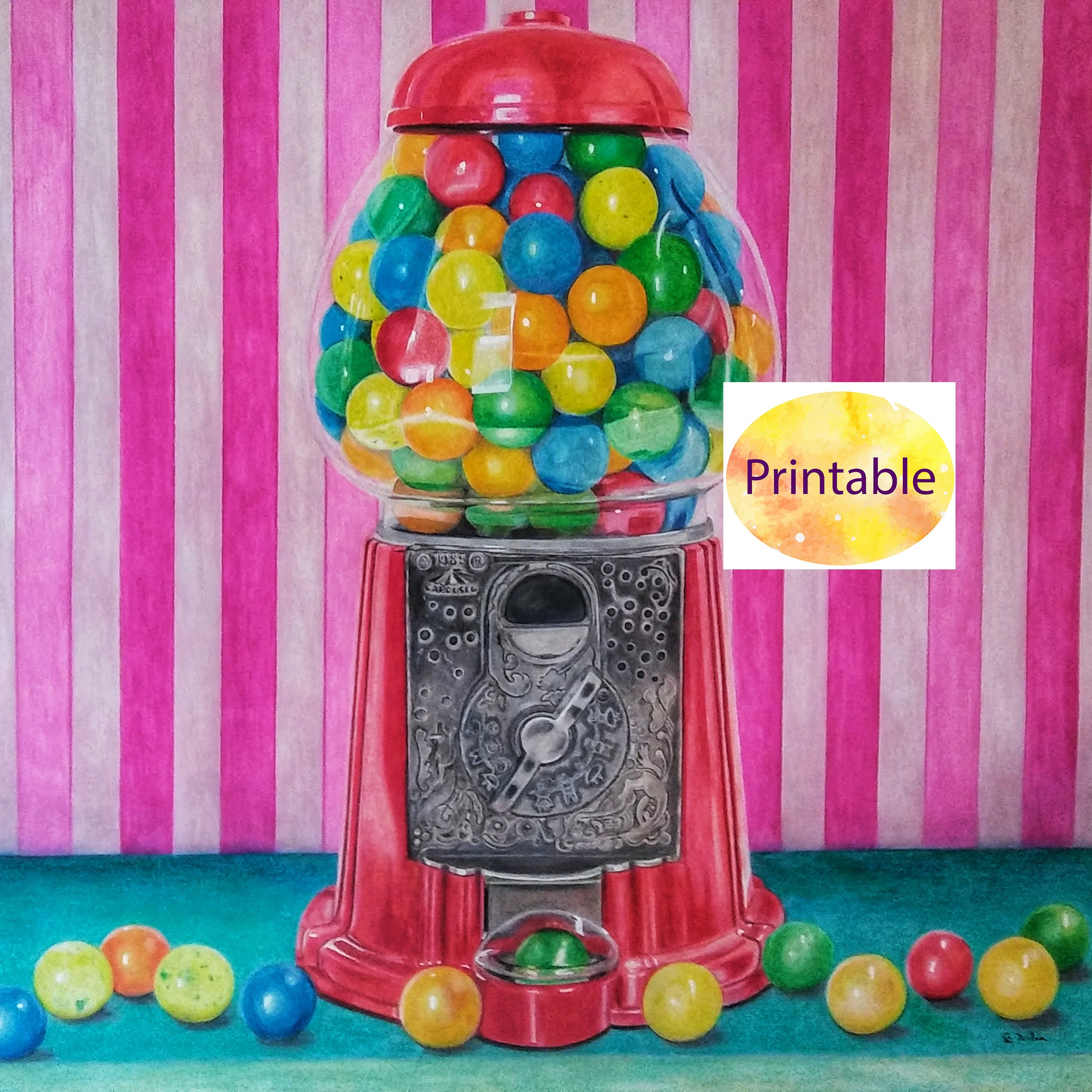 Gumball Machine Poster, Colored Pencils, Printable Art, Digital ...