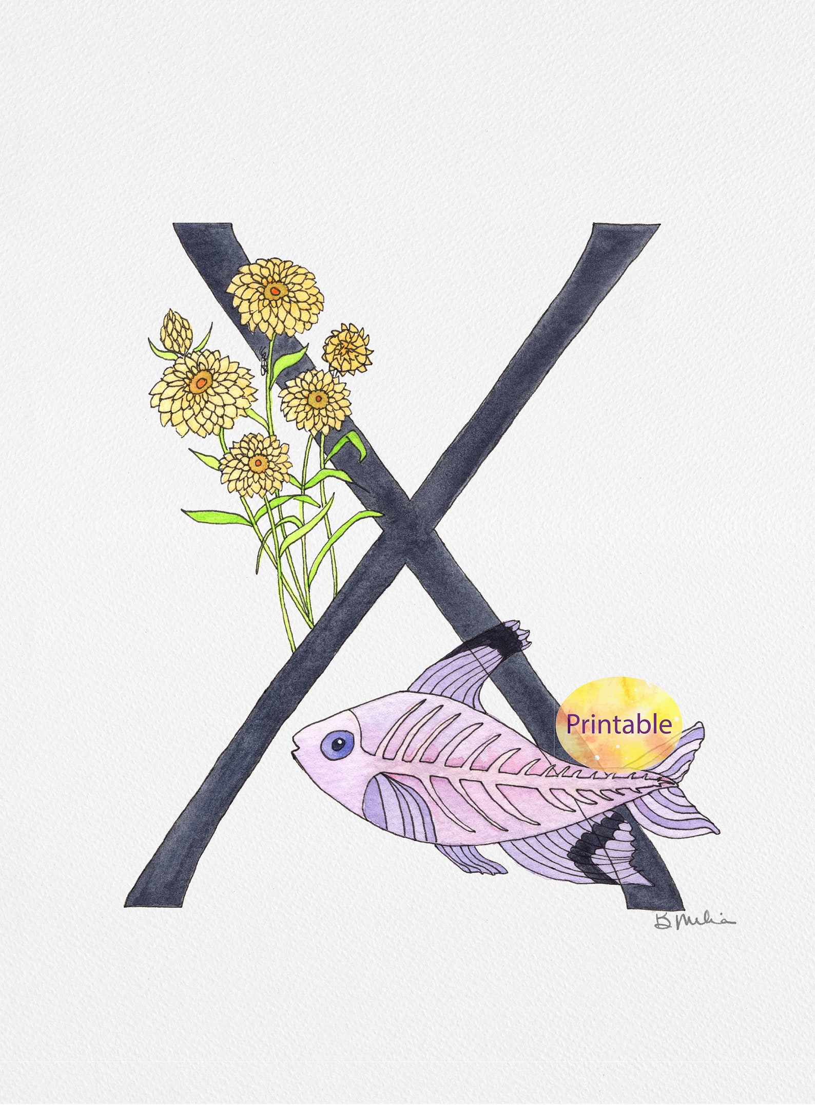 Animal Letter X Digital Poster, Watercolor, Printable Art, Digital ...