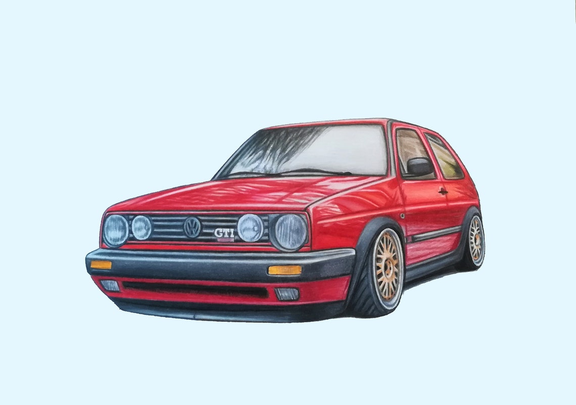 Volkswagen Golf Mk2 Poster Realistic Car Drawing Illustration Print ...